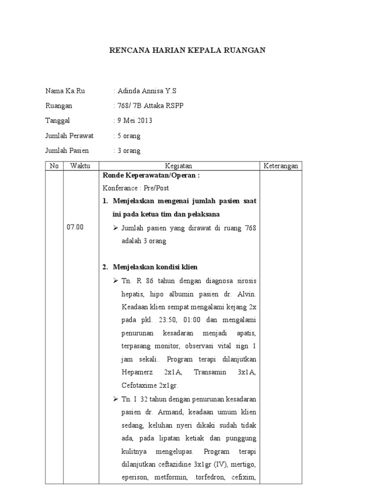 Rencana Harian Kepala Ruangan Dinda 09 Mei 13 | PDF