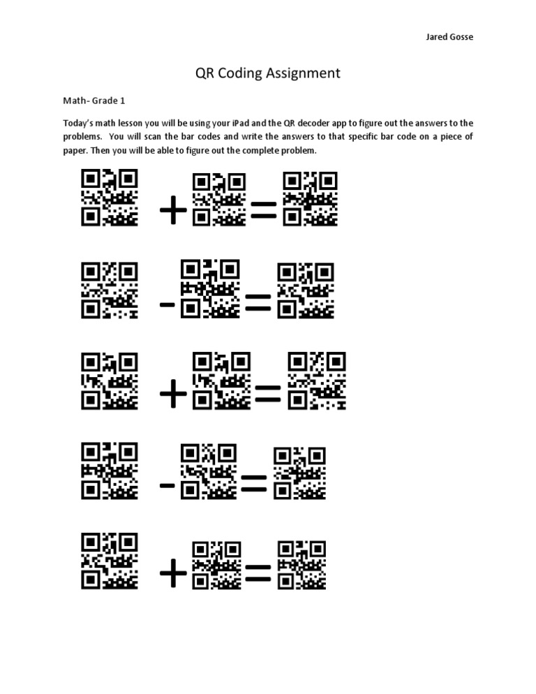 QR Code Math Assignment for Grade 1 | PDF