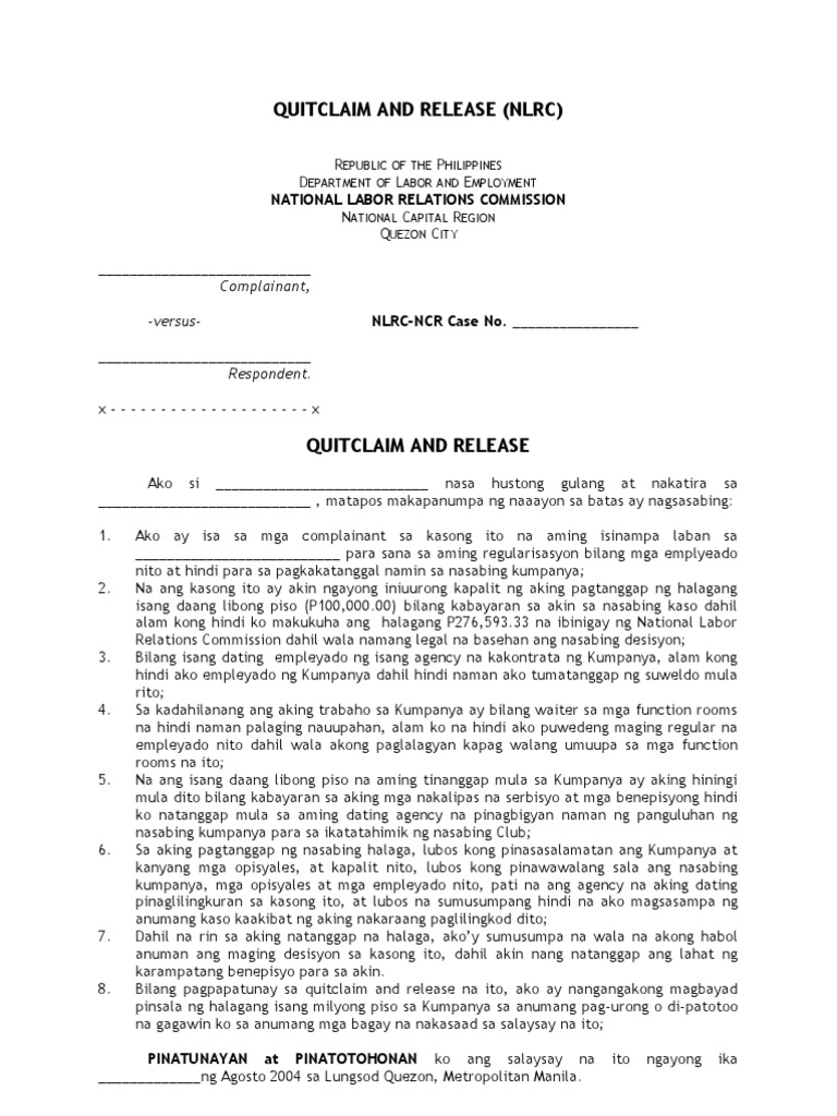 NLRC Quitclaim and Release | PDF