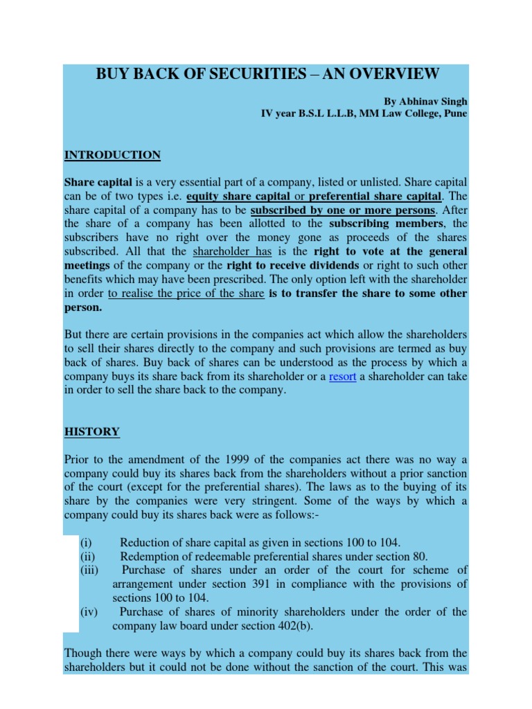BUY BACK OF SECURITIES GUIDE | PDF | Share Repurchase | Stocks