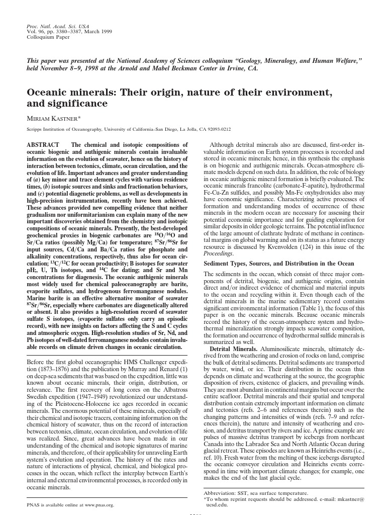 Oceanic Minerals: Their Origin, Nature of Their Environment, and ...