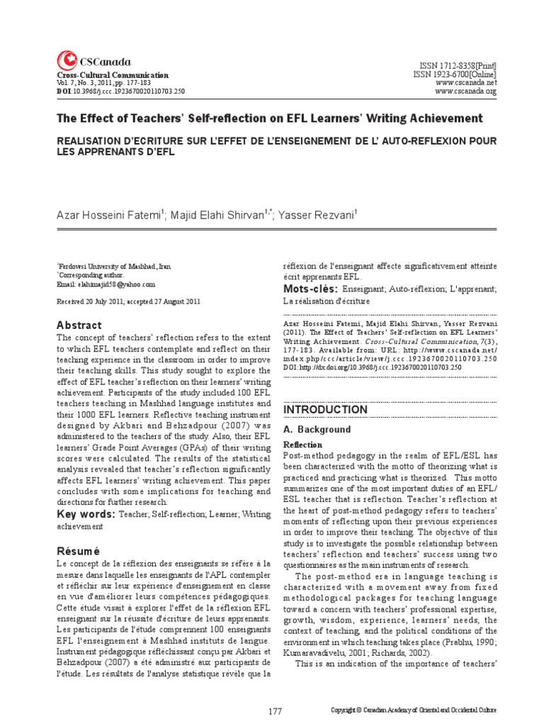 The Effect of Teachers' Self-Reflection On EFL Learners' Writing ...