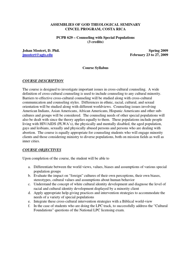 Johan Mostert PCPB 629 Counseling With Special Populations Syllabus ...