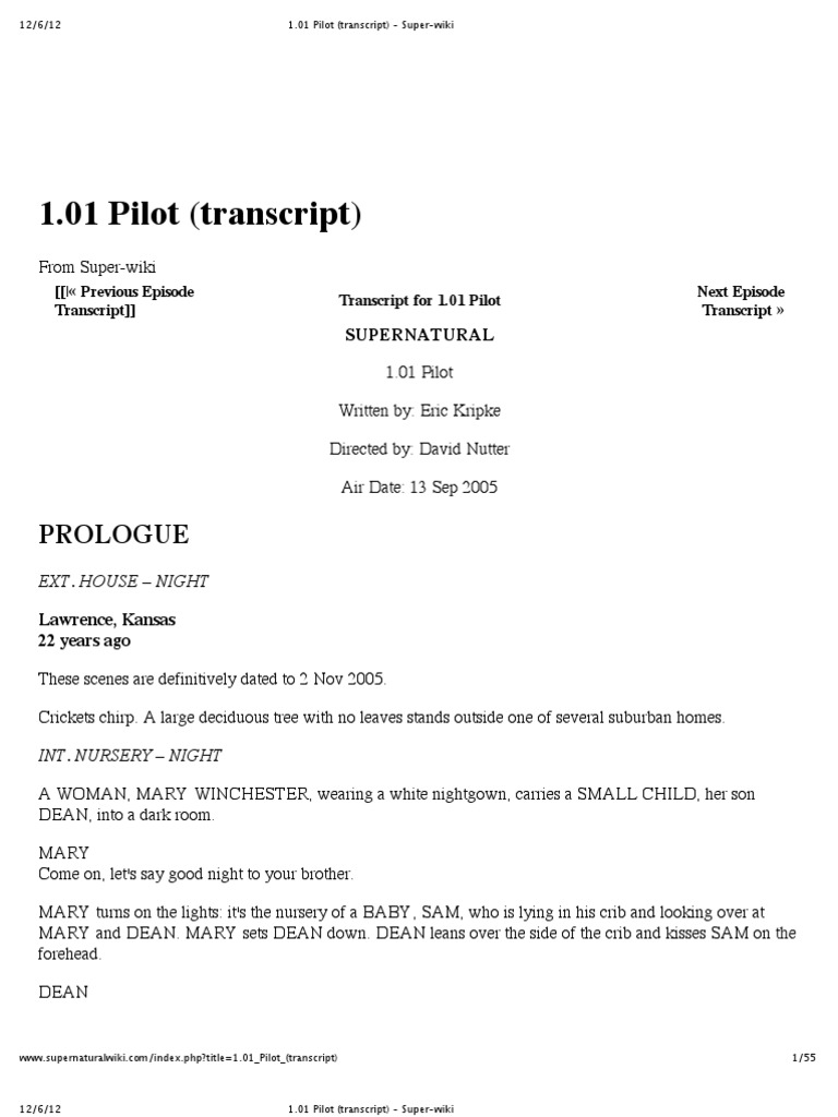1.01 Pilot (Transcript) - Super-Wiki | PDF | Characters Of Supernatural ...