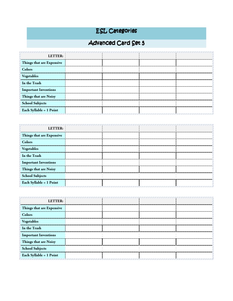 ESL Activity: Categories (Advanced Level-1) | PDF