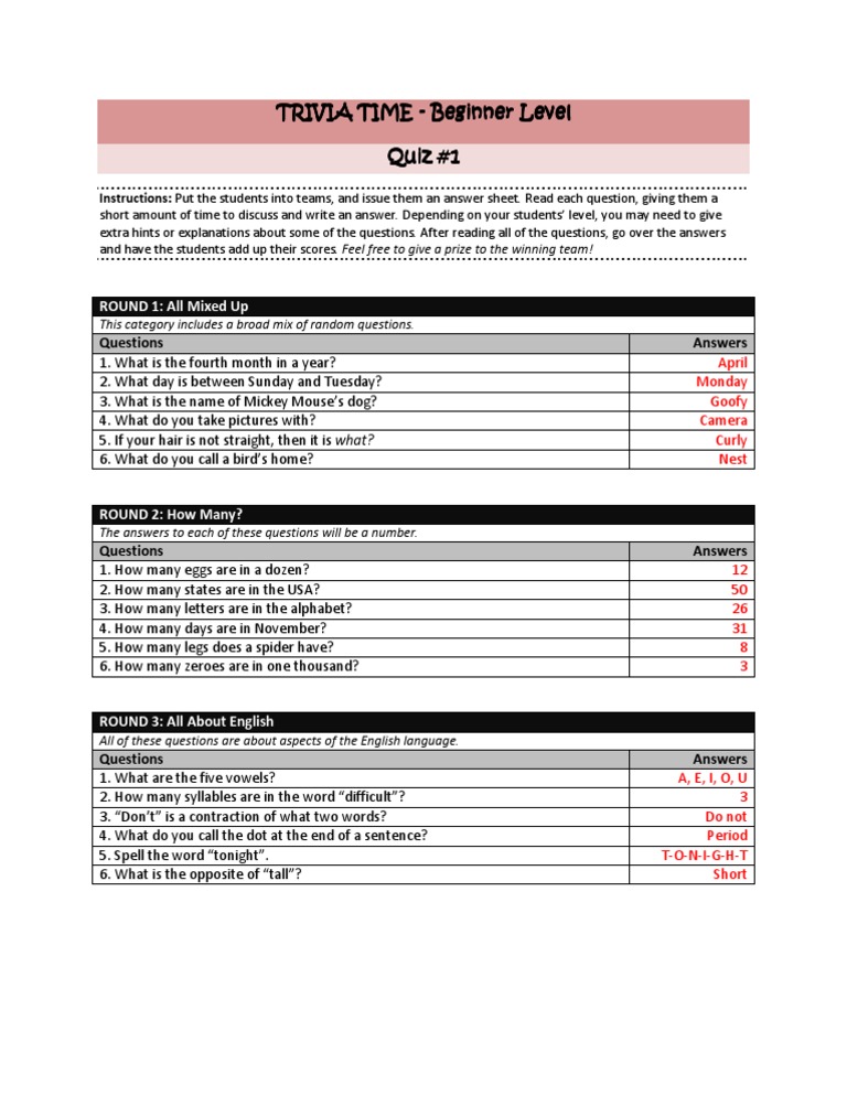 ESL Trivia Game - Beginner 1 | PDF