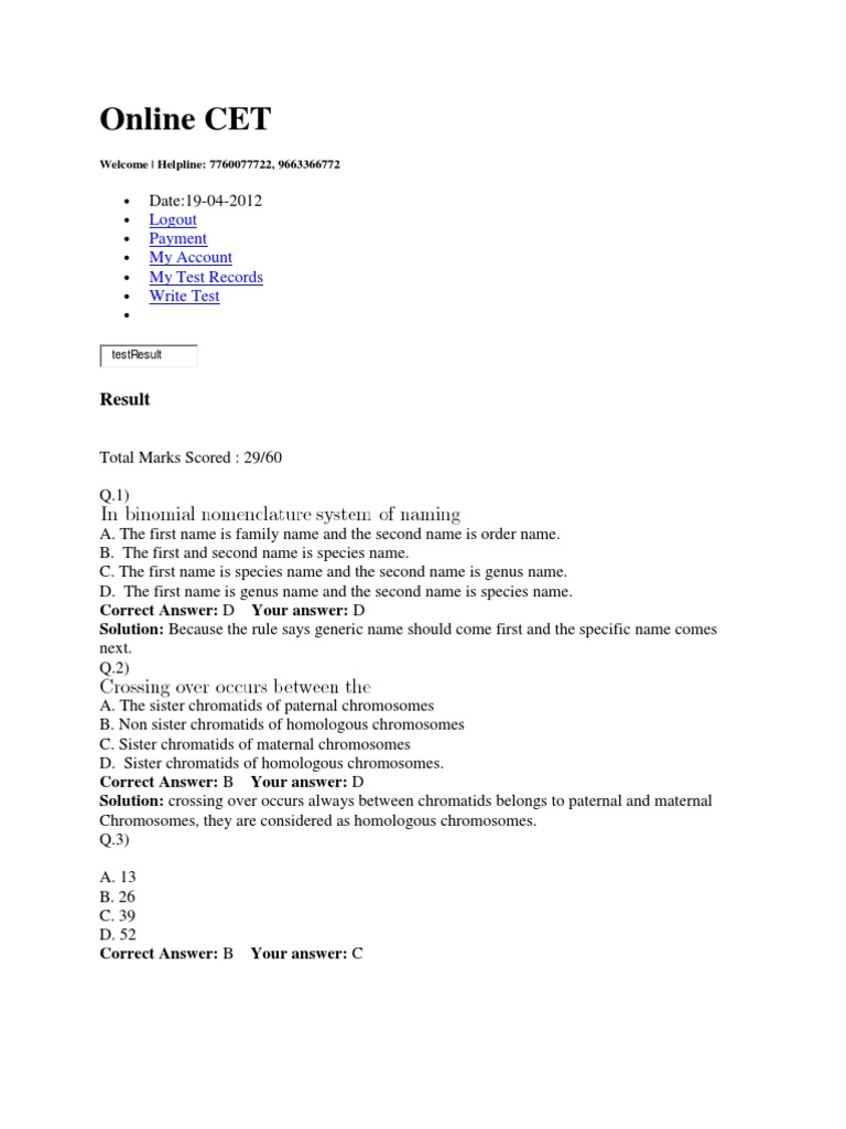 Online CET Practice Test Results and Answers | PDF | Rna | Dna Replication