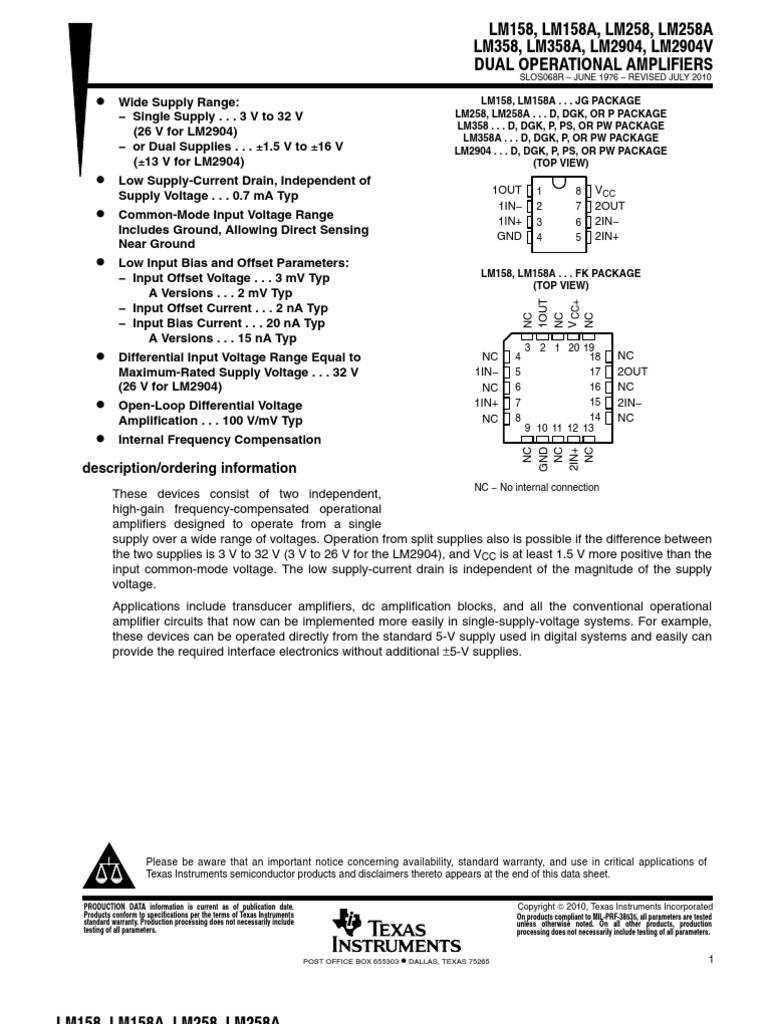 LM158, LM158A, LM258, LM258A LM358, LM358A, LM2904, LM2904V Dual ...