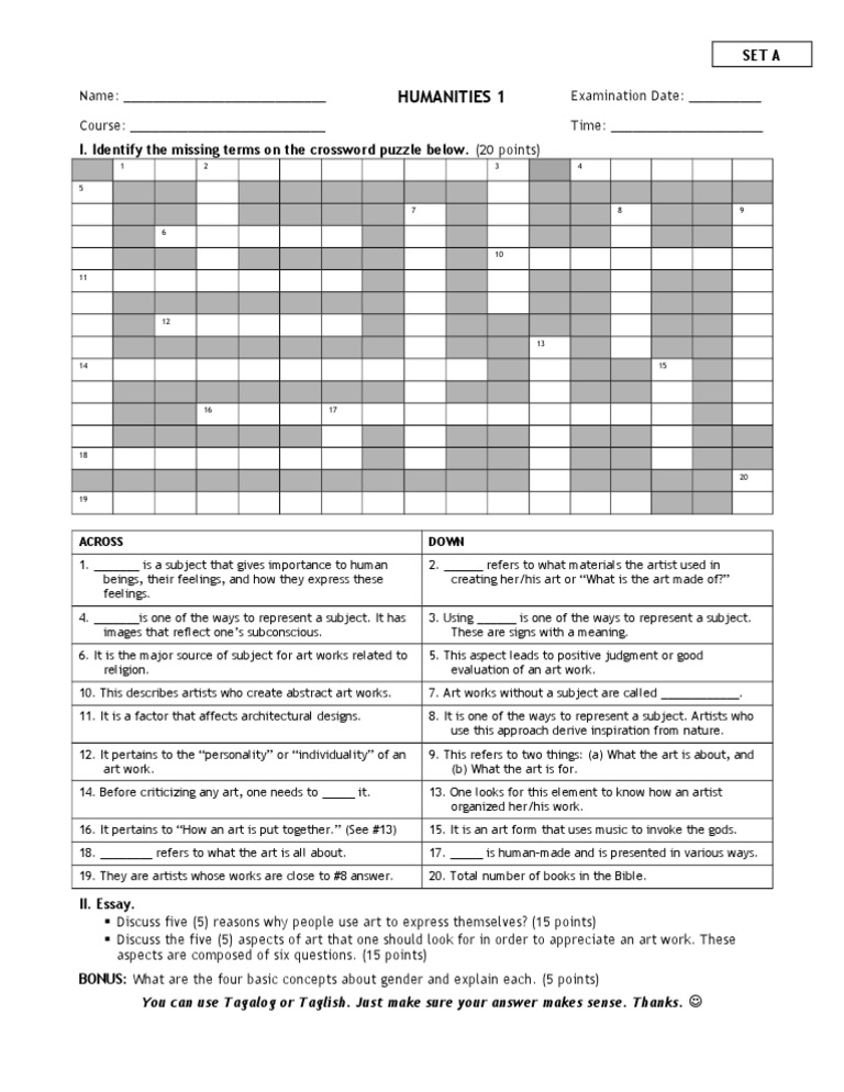 Humanities 1 Exam: Crossword & Essays | PDF | Humanities | Test ...