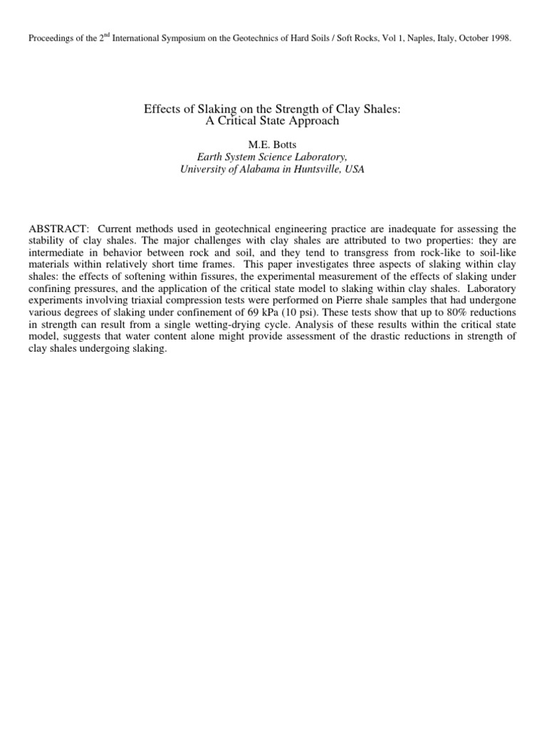 Effects of Slaking On The Strength of Clay Shales: A Critical State ...
