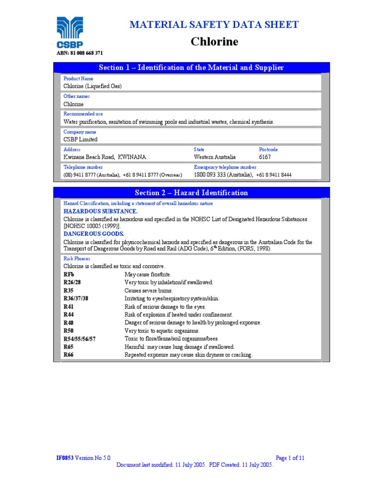 Chlorine MSDS | PDF | Chlorine | Dangerous Goods