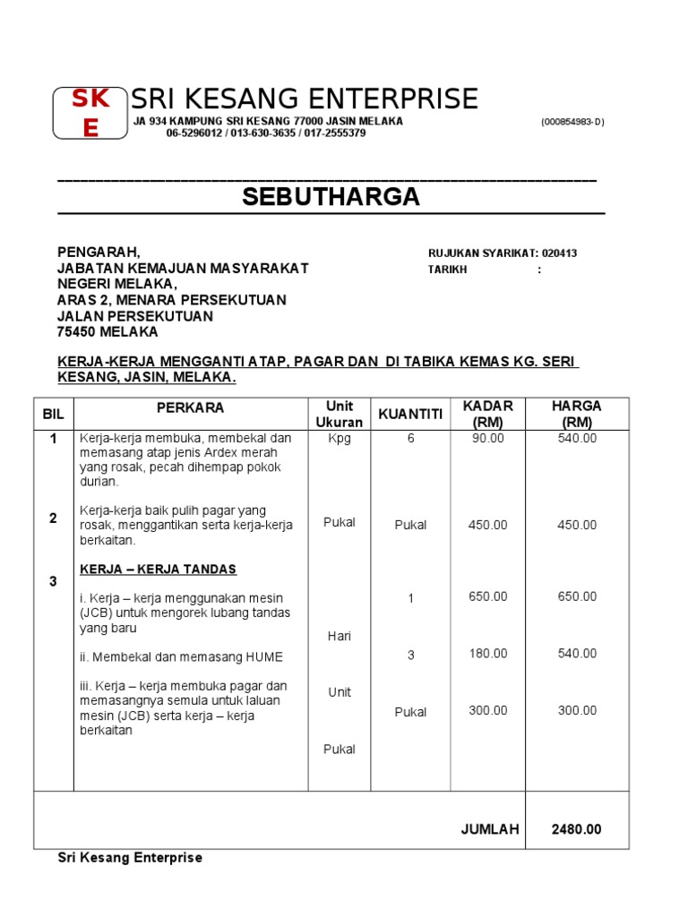 Sebutharga Kerja-Kerja Baik Pulih Sri Kesang Kemas 2 | PDF