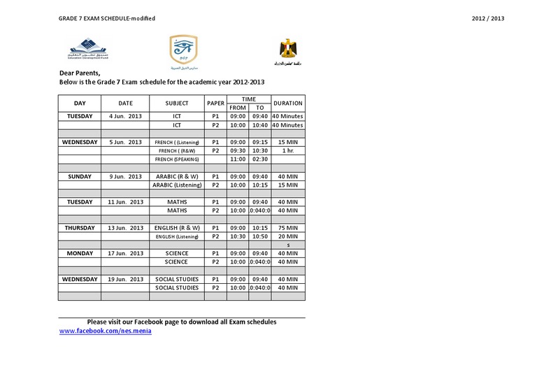Grade 7 Exam Schedule 2012-2013 | PDF | Language Arts & Discipline