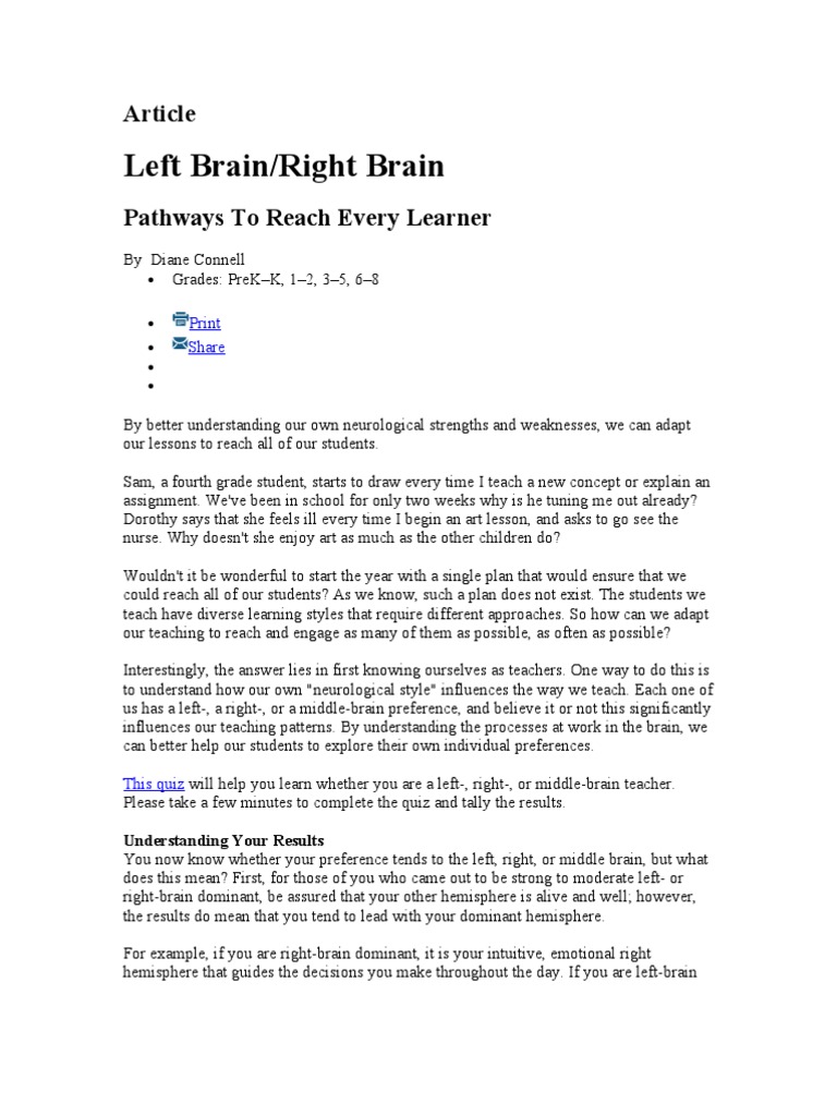 Left vs. Right Brain Teaching Quiz | PDF | Lateralization Of Brain ...