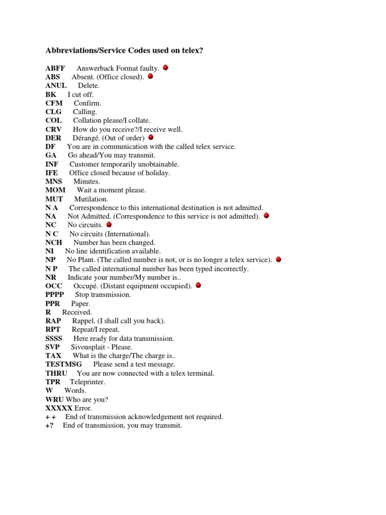 Telex Abbreviations and Service Codes | PDF