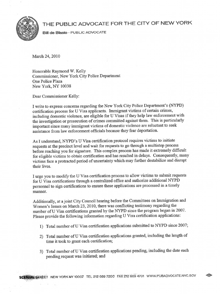 Letter To NYPD On U Visa Certification Process | PDF | Foreign Language ...