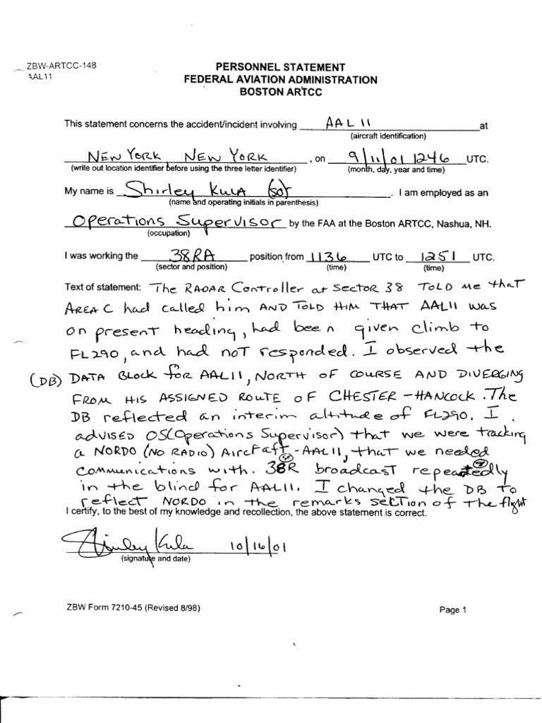NYC Box 2 AA 11 DOT-FAA Docs FDR - FAA Personnel Statement - Shirley ...