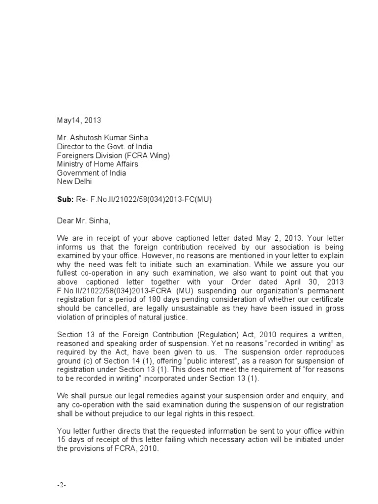 Letter To FCRA Dept - INSAF Response | PDF | Common Law | Public Law