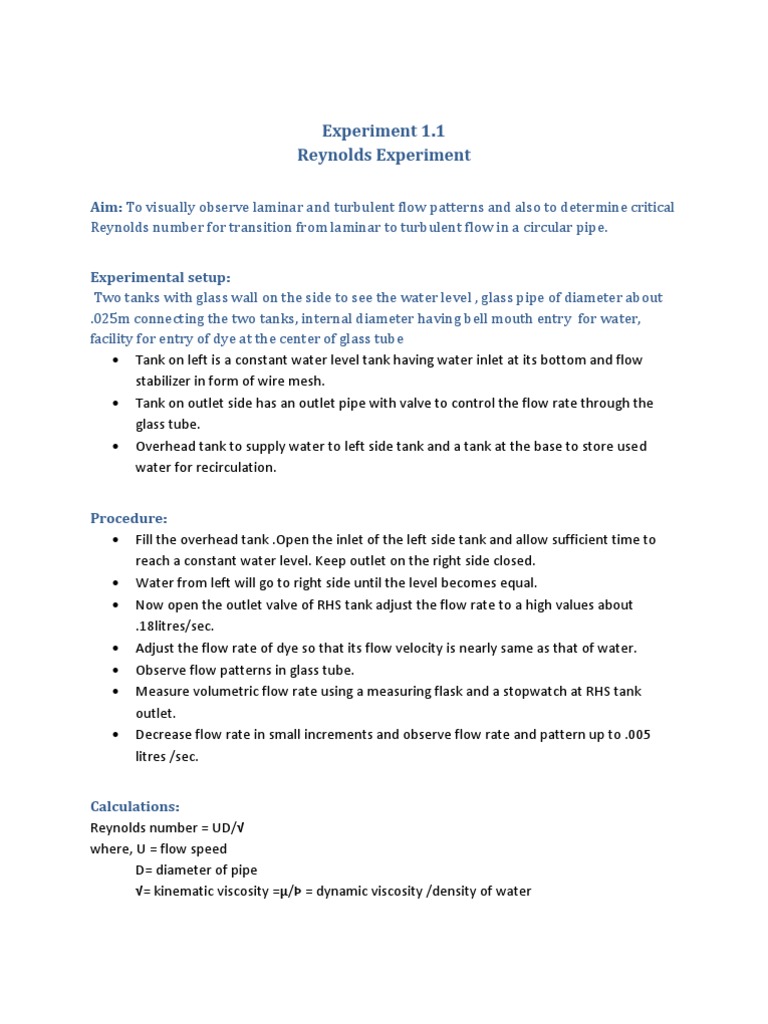 Experiment 1.1 Reynolds Experiment | PDF | Reynolds Number | Fluid Dynamics