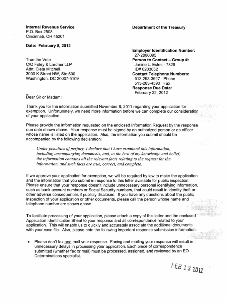 IRS Letter for True the Vote Requesting Further Information - 2-8-2012 ...