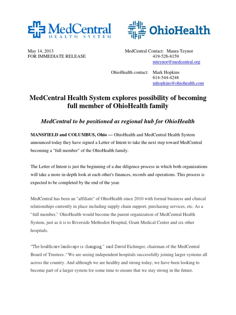 Letter of Intent Between MedCentral and OhioHealth, May 14, 2013 ...