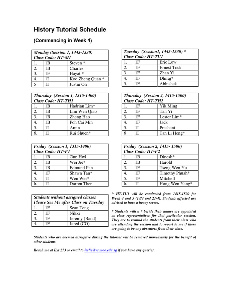 History Tutorial Schedule | PDF