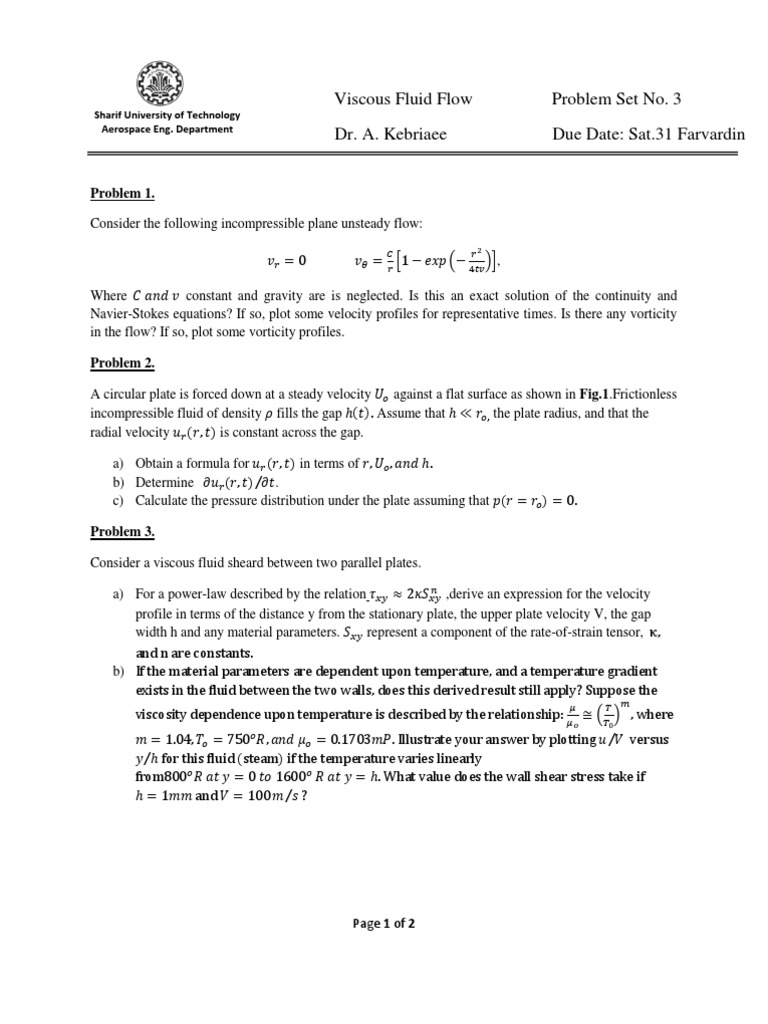 Analysis of Viscous Fluid Flow Problems Including Plane Flow, Circular Plate Motion, Shear ...