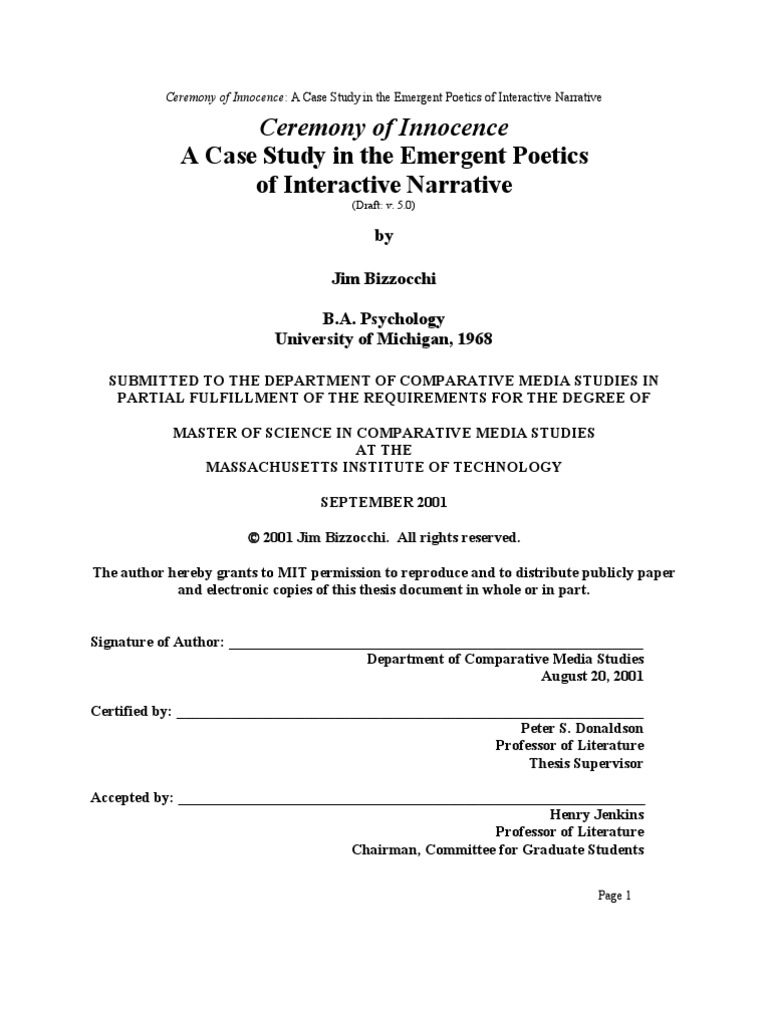 Jim Bizzocchi, "Ceremony of Innocence: A Case Study in The Emergent Poetics of Interactive ...