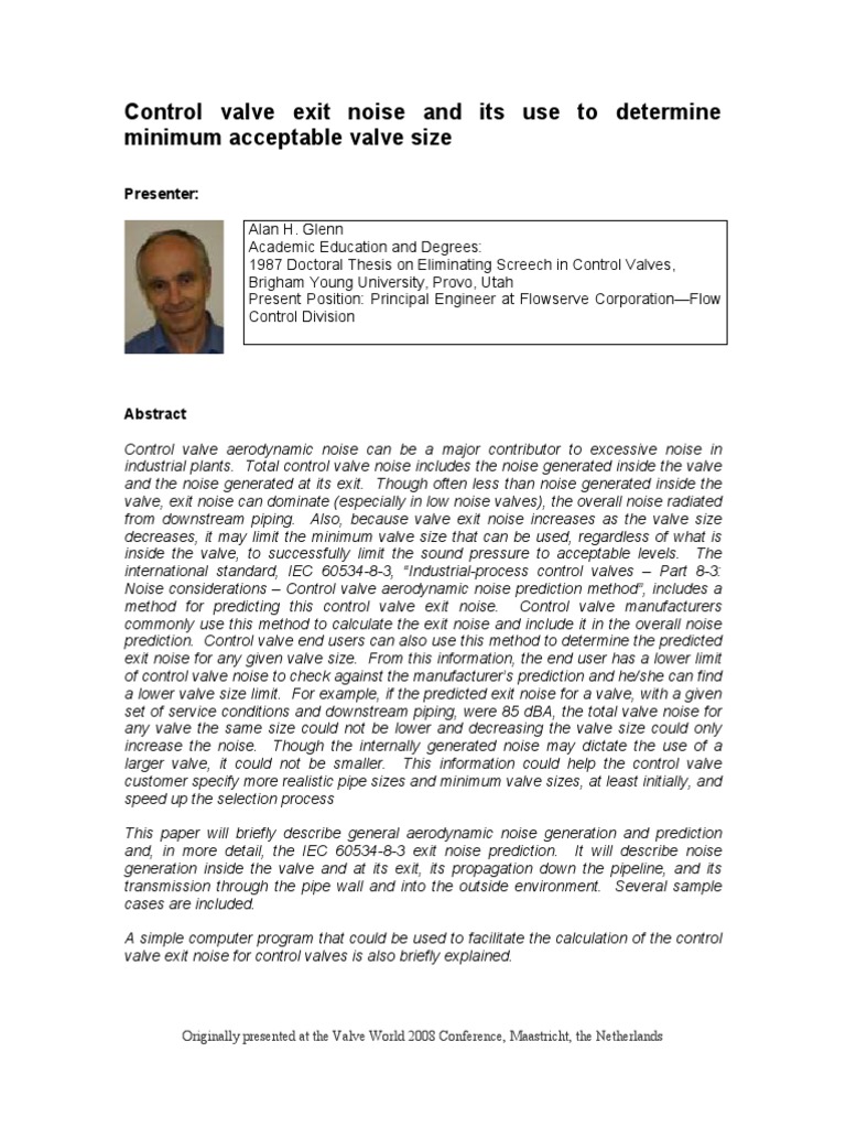 Control Valve Exit Noise and Its Use To Determine Minimum Acceptable ...