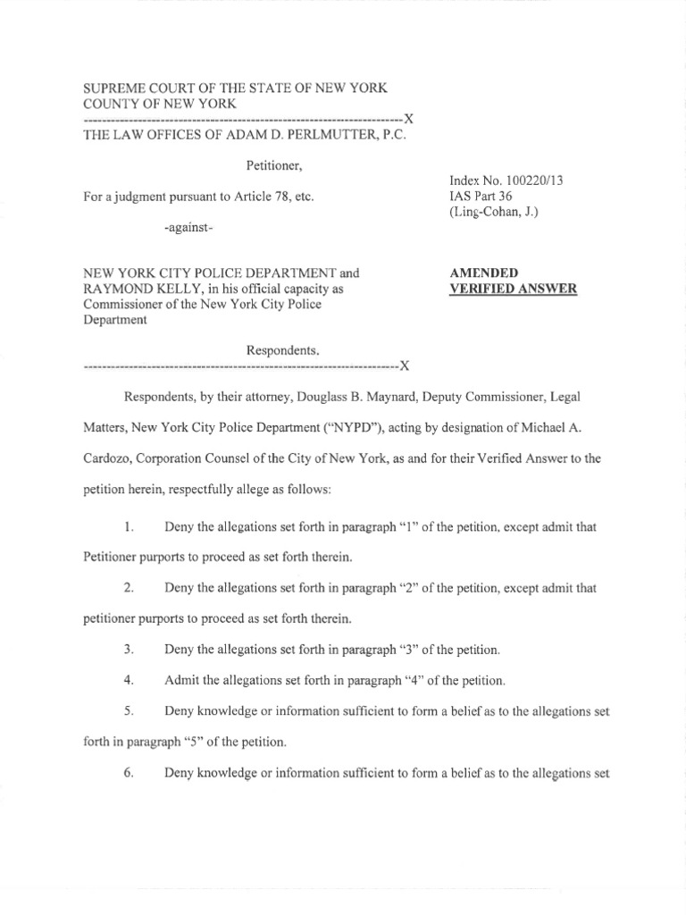 NYPD's Verified Answer To Our Article 78 Action With Attached Exhibits ...