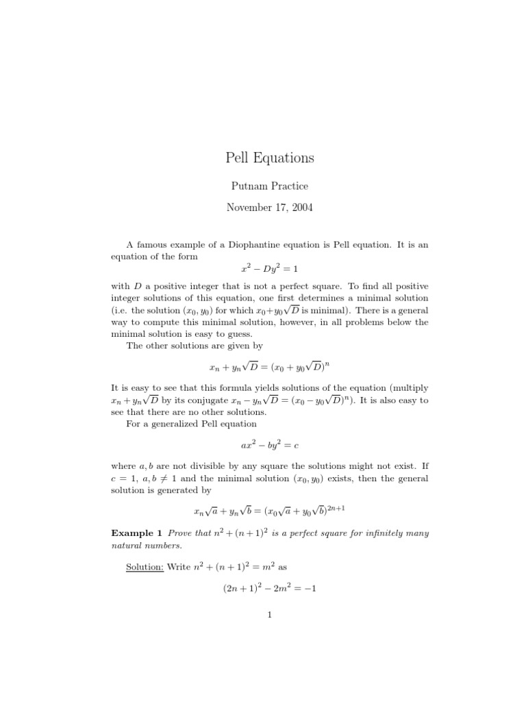 Pell Equations: Putnam Practice November 17, 2004 | PDF