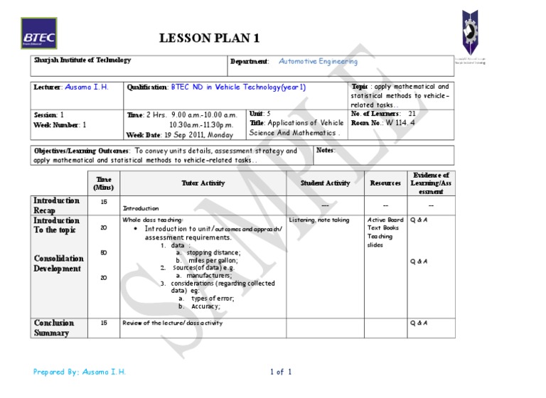Lesson Plan 1: Ausama I.H. BTEC ND in Vehicle Technology (Year1) | PDF ...