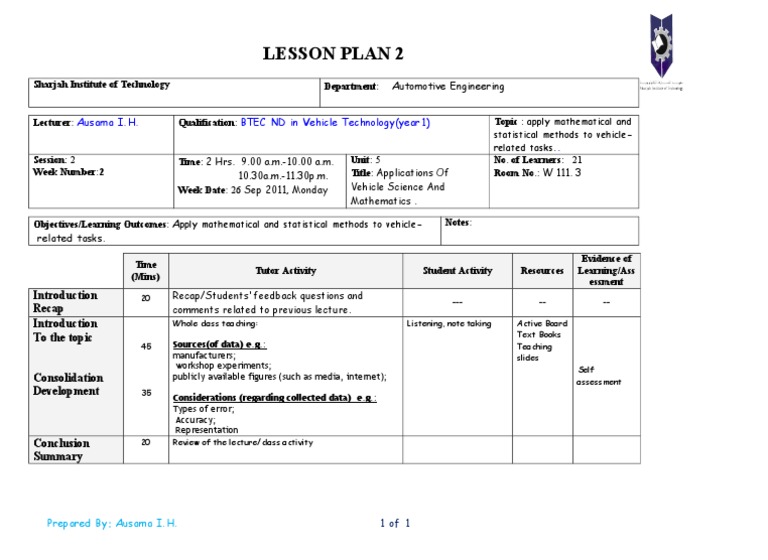 Lesson Plan 2: Ausama I.H. BTEC ND in Vehicle Technology (Year1) | PDF ...