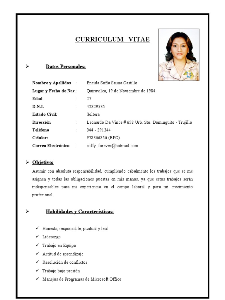 Curriculum Vitae Sofia | PDF | Calidad (comercial) | Perú