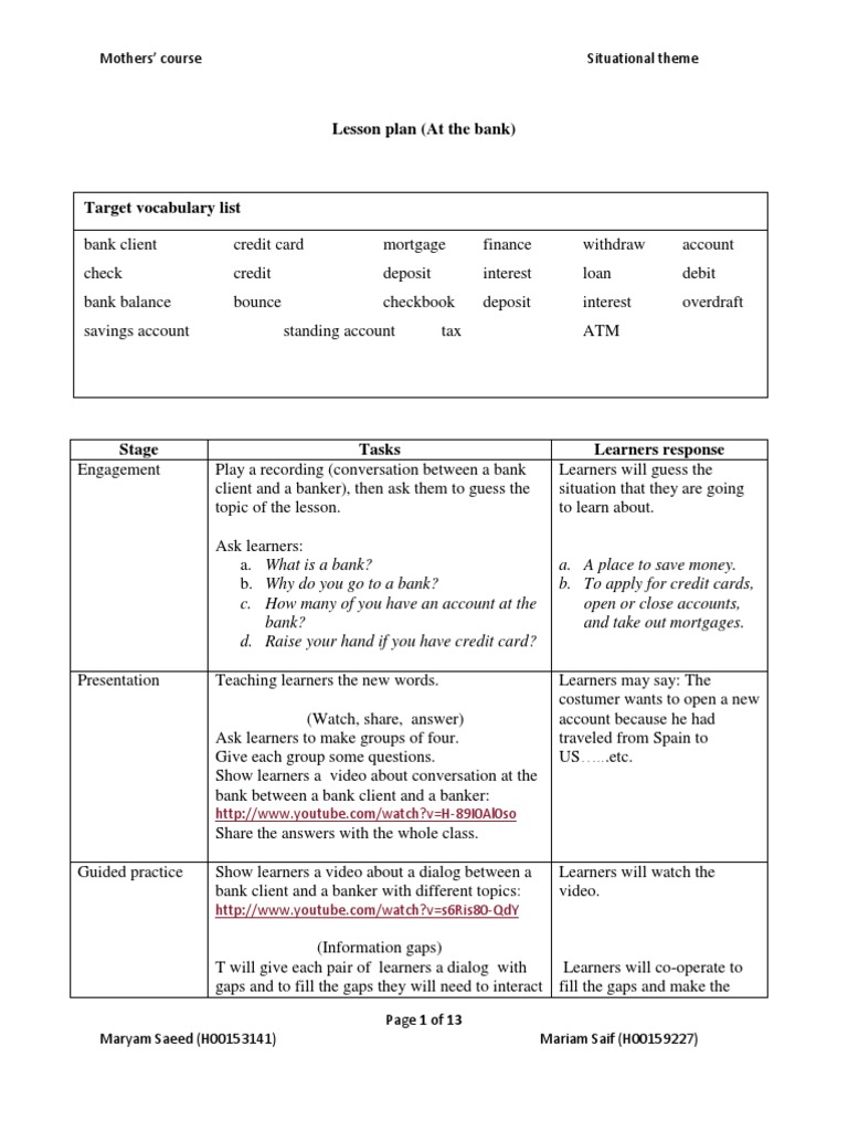 Banking Lesson Plan for Students | PDF