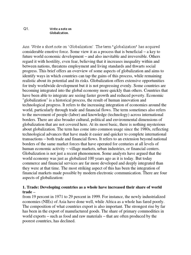 Q1. Write A Note On Globalization.: 1. Trade: Developing Countries As A ...