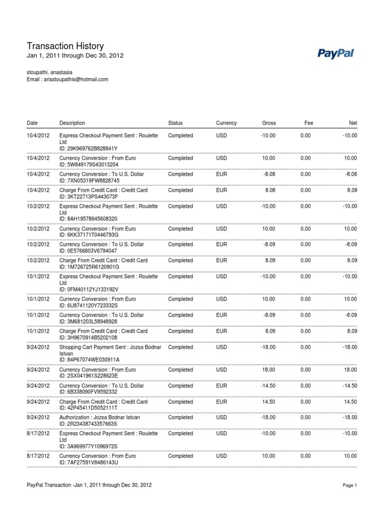 PayPal Transaction History Jan 2011-Dec 2012 | PDF | Euro | Exchange Rate