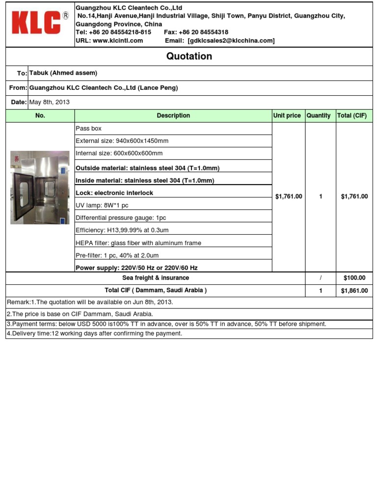 KLC-Pass Box CIF Quotation | PDF