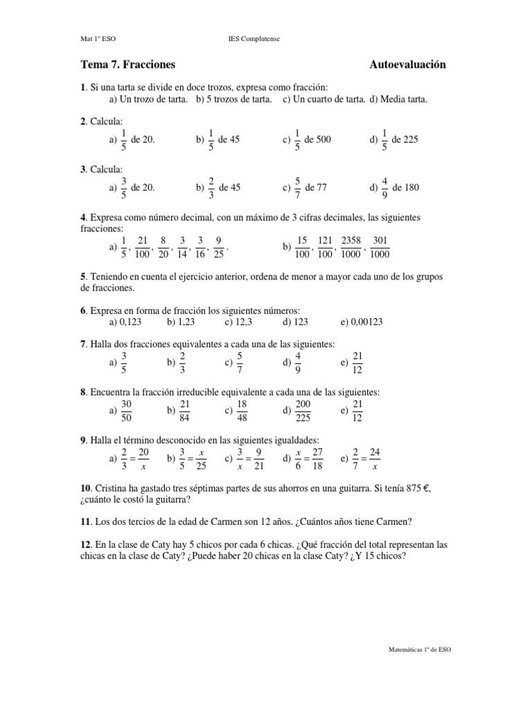 T07-Autoeval Fracciones | PDF | Fracción (Matemáticas) | Números