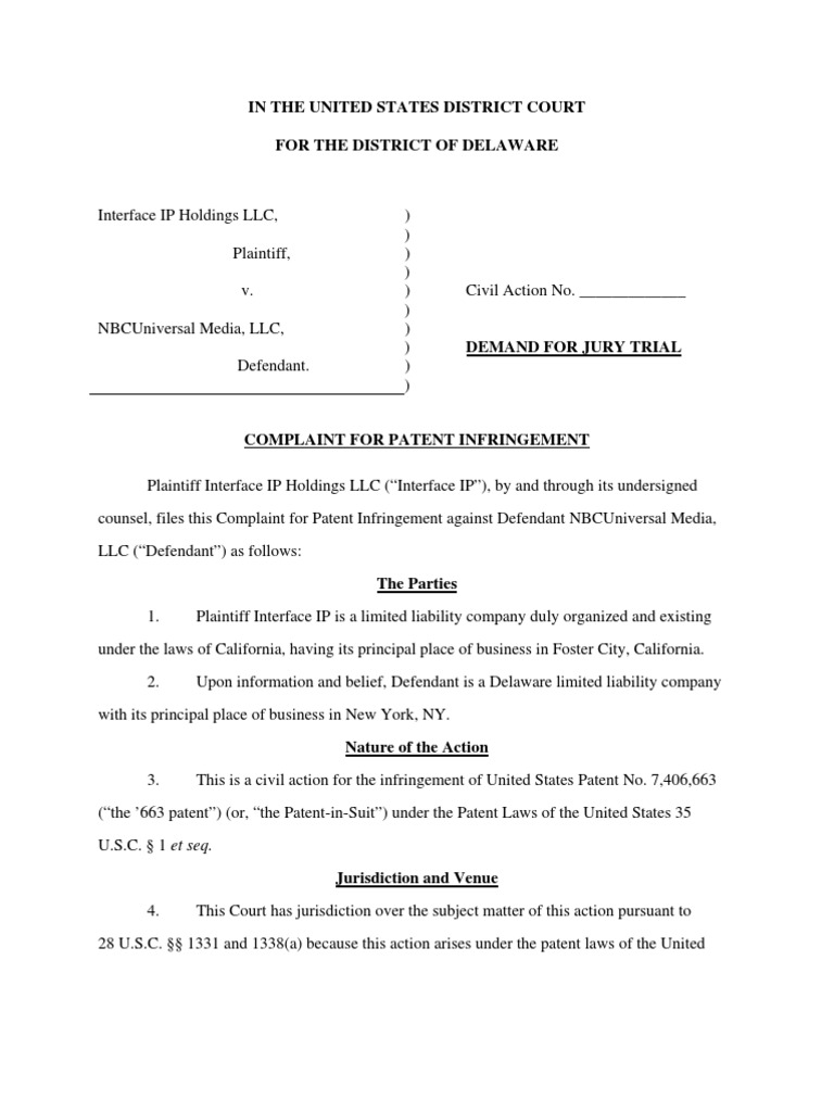 Patent Infringement Complaint: Interface IP v. NBCUniversal | PDF ...