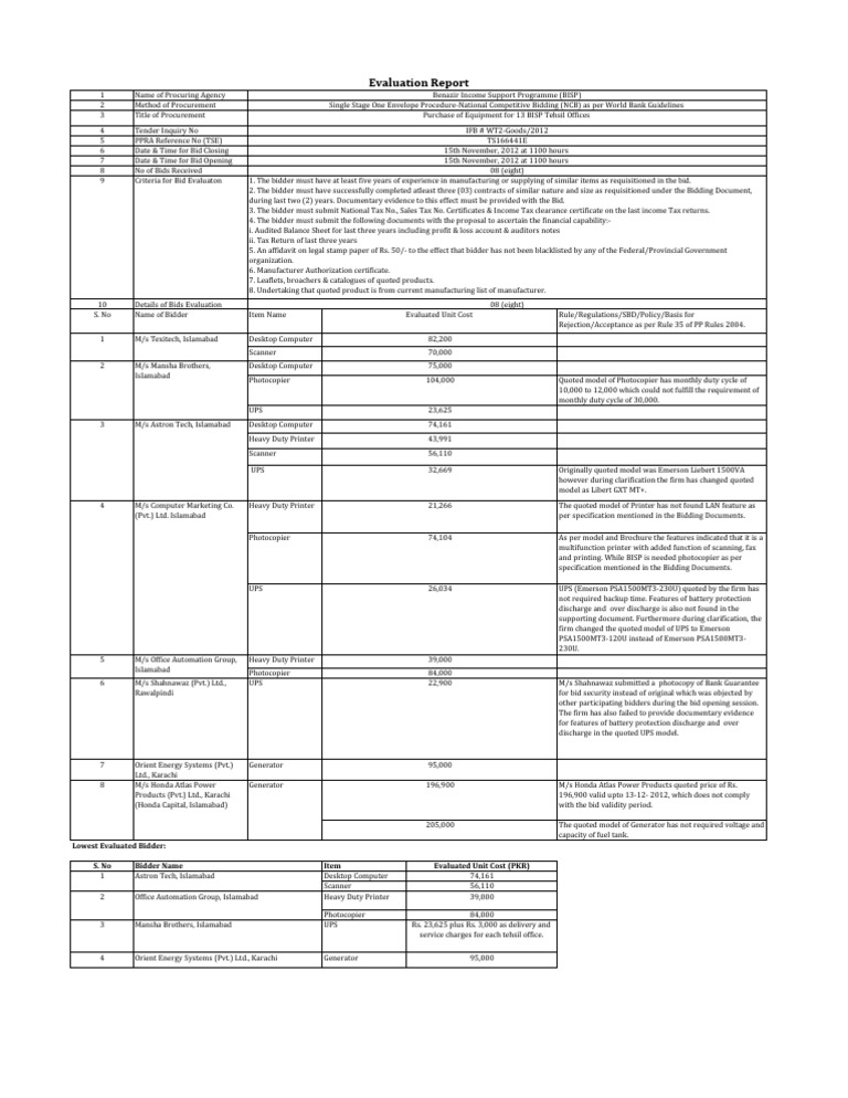 Bid Evaluation Report 14-02-2013 | Printer (Computing) | Photocopier