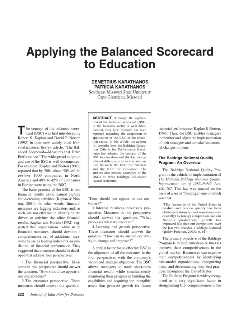 Balanced Scorecard in Education Analysis | PDF