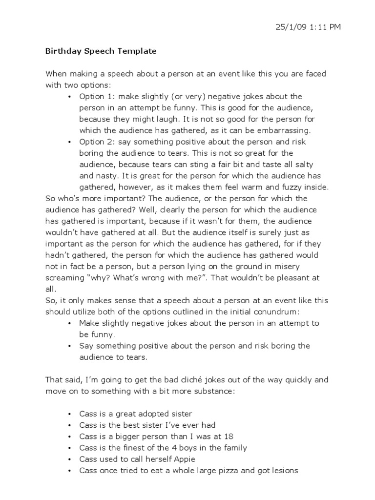Funny Birthday Speech Template | PDF