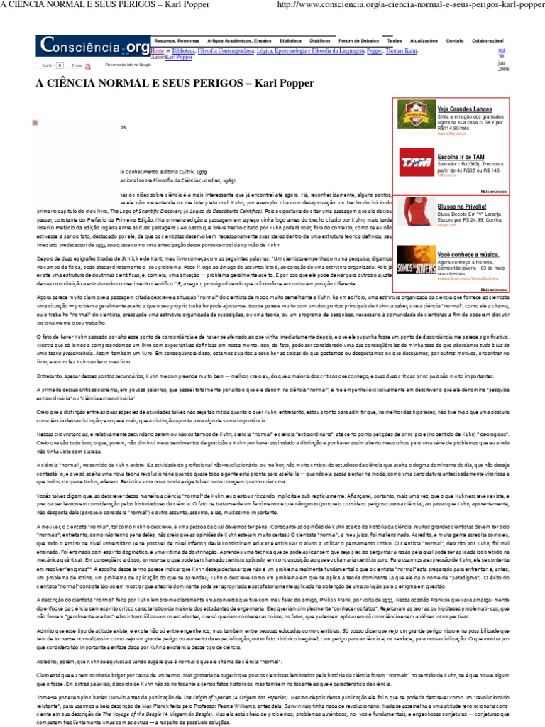 A CIÊNCIA NORMAL E SEUS PERIGOS - Karl Popper | PDF | Relativismo | Science