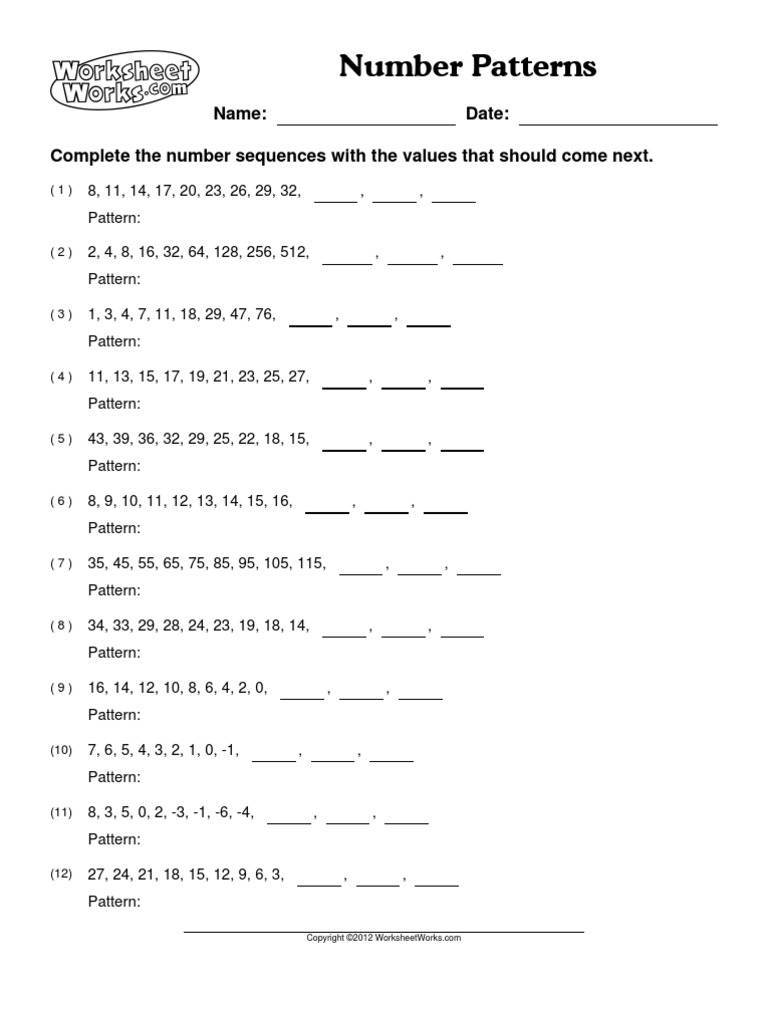 WorksheetWorks Number Patterns 1 | Numbers | Arithmetic | Free 30-day ...