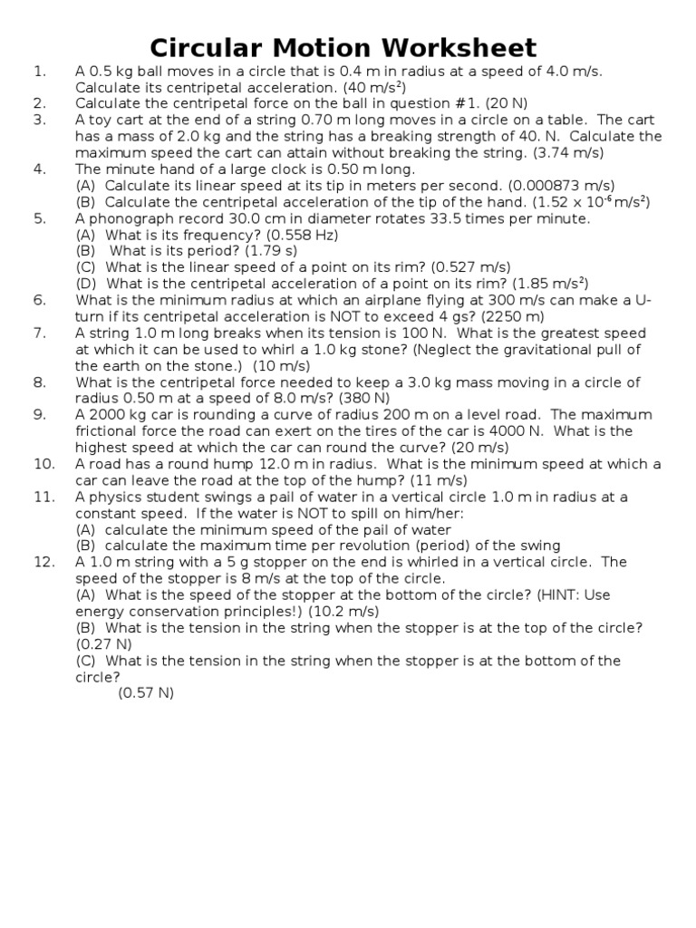 Circular Motion Worksheet | PDF | Speed | Acceleration