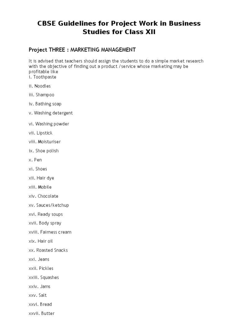 CBSE Guidelines For Project Work in Business Studies For Class XII ...