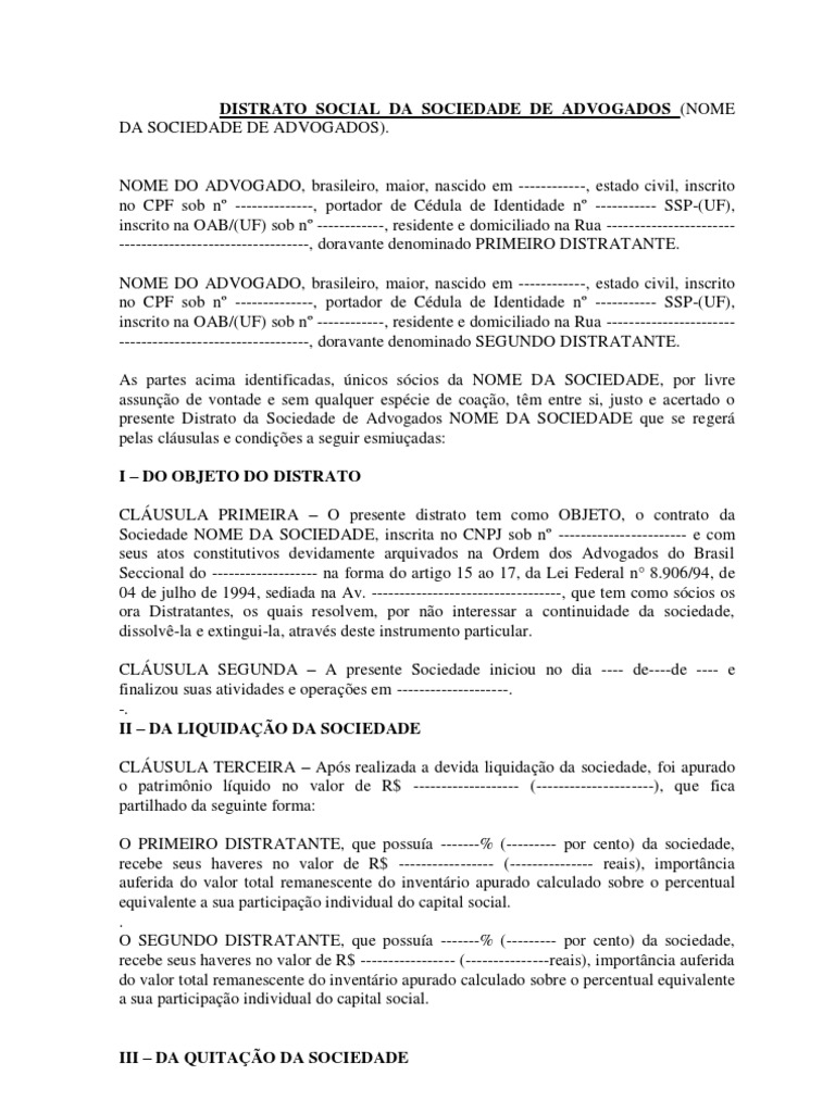 Distrato Social Da Sociedade de Advogados PDF | PDF | Advogado | Estado