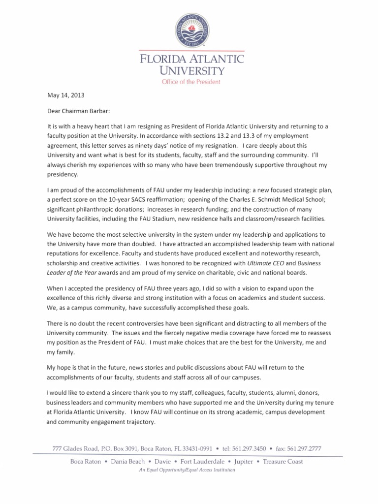 FAU President MJ Saunders Resignation LTR SIGNED | PDF | Students ...
