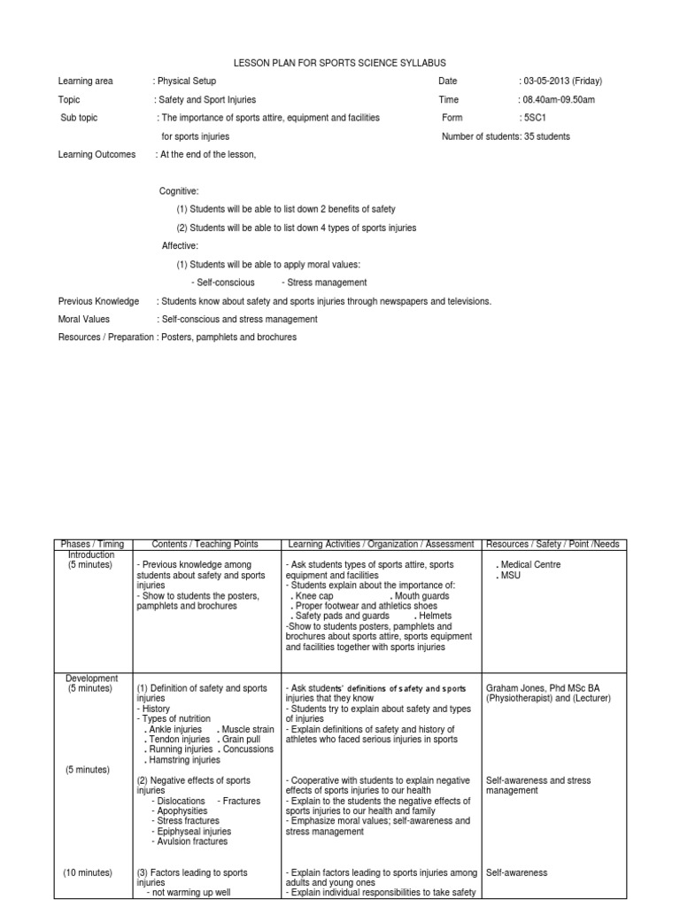 Sports Safety and Injury Prevention Plan | PDF | Self Awareness ...
